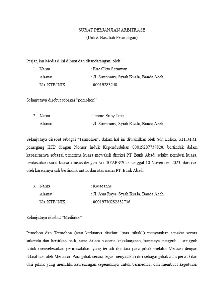 Perjanjian Yang Di Dalamnya Terdapat Klausula Arbitrase | PDF