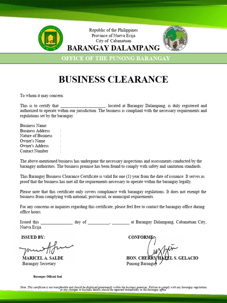 Brgy Business Clearance Format New | PDF
