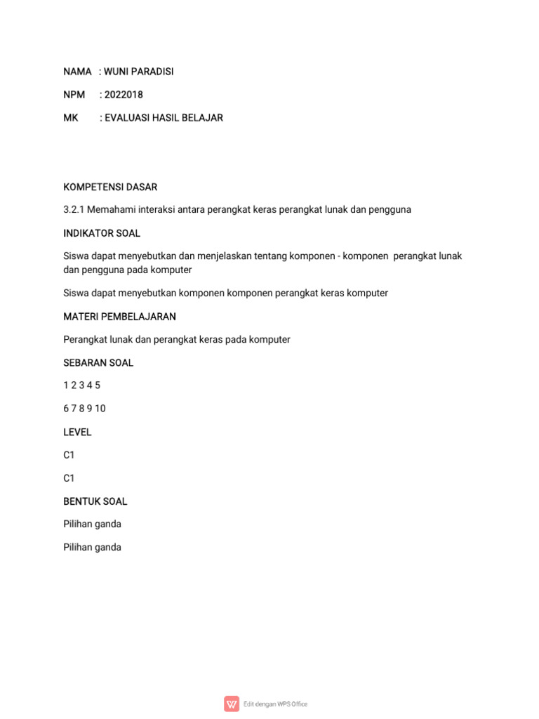 Evaluasi - WUNI PARADISI 2022018 (SOAL PILGAN KELAS X INFORMATIKA) | PDF