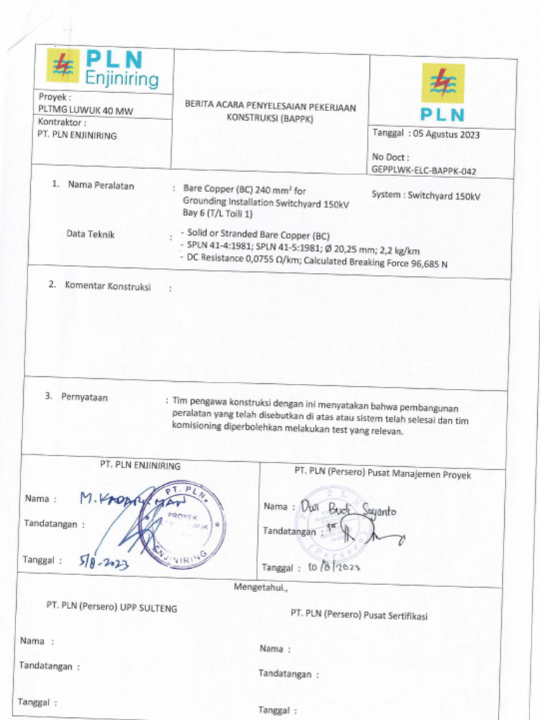 BC 240 MM For Grounding Installation Switchyard 150 KV Bay 6 TL Toili 1 ...