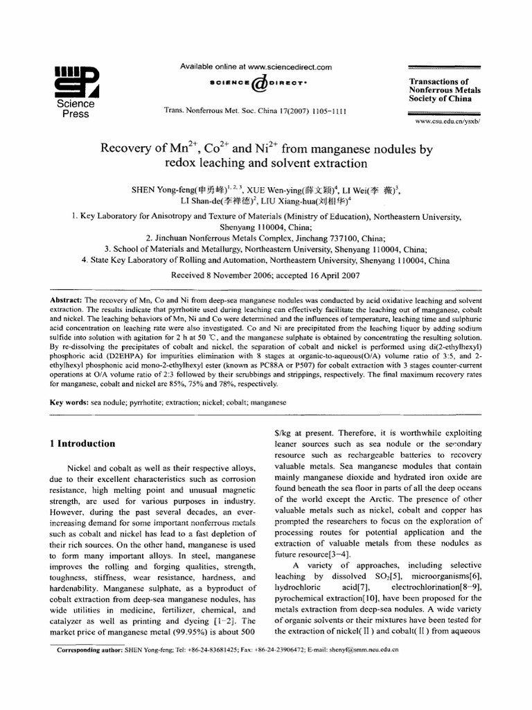 Recovery of Mn2+, Co2+ and Ni2+ From Manganese Nodules by Redox ...