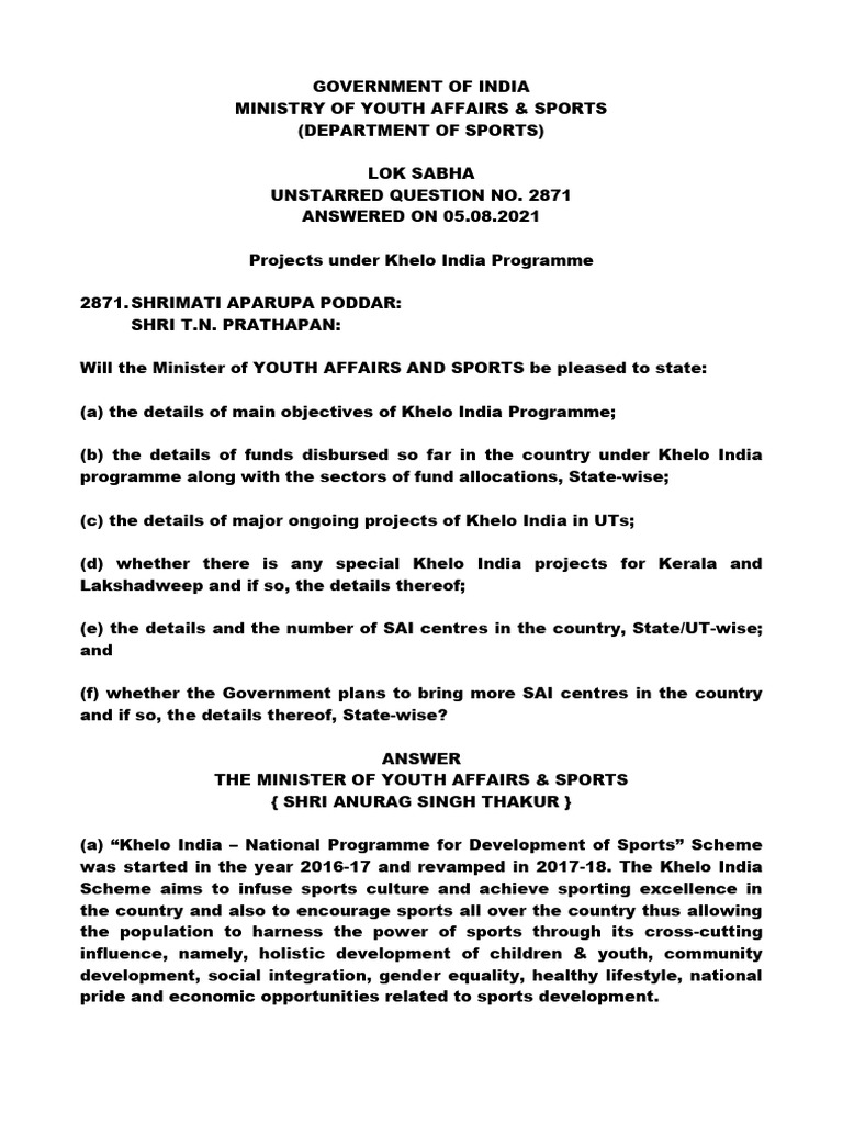 Khelo India Programme Projects Overview | PDF | Government Of India