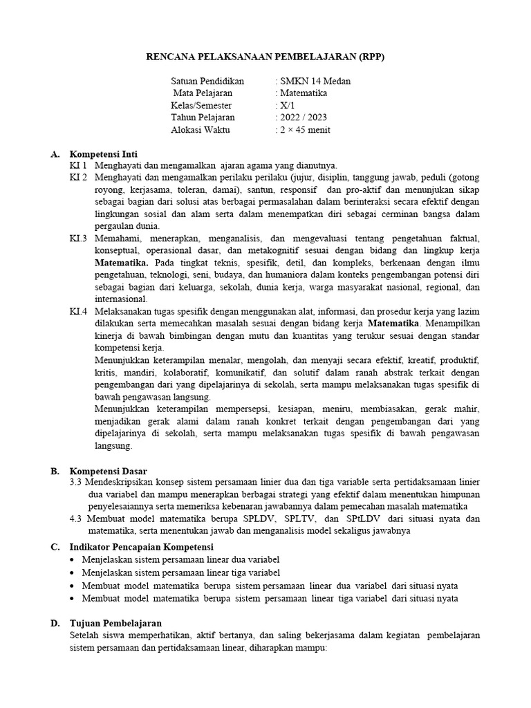Rencana Pelaksanaan Pembelajaran (RPP) | PDF