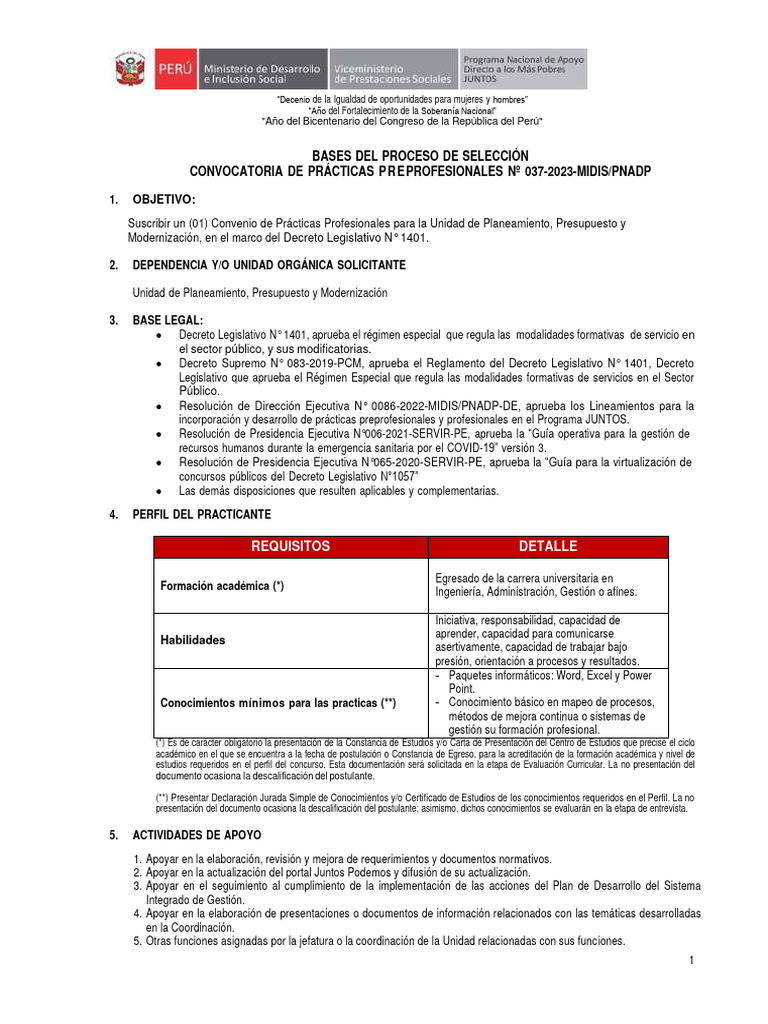 Bases Pract. 037-2023 Prac-Pro | PDF | Perú | Gestión de recursos humanos