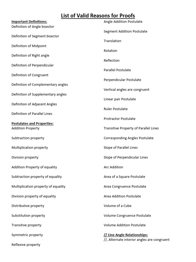 List of Valid Reasons For Proofs | PDF | Perpendicular | Triangle