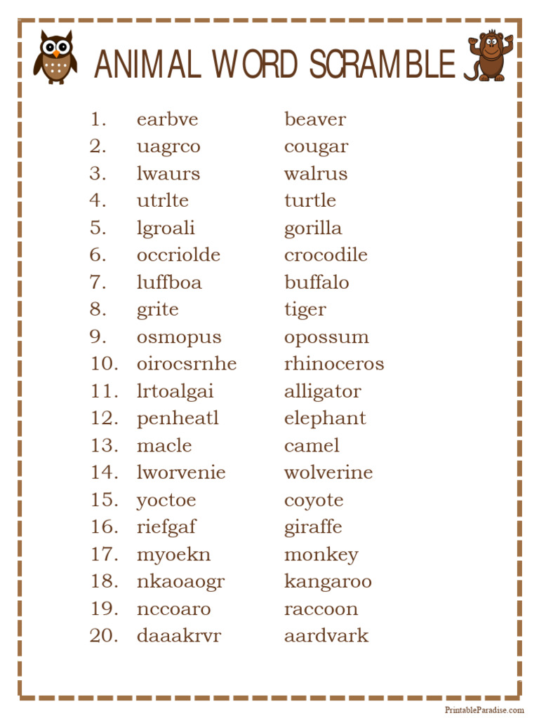 Animal Word Scramble Answers | PDF | Young Adult