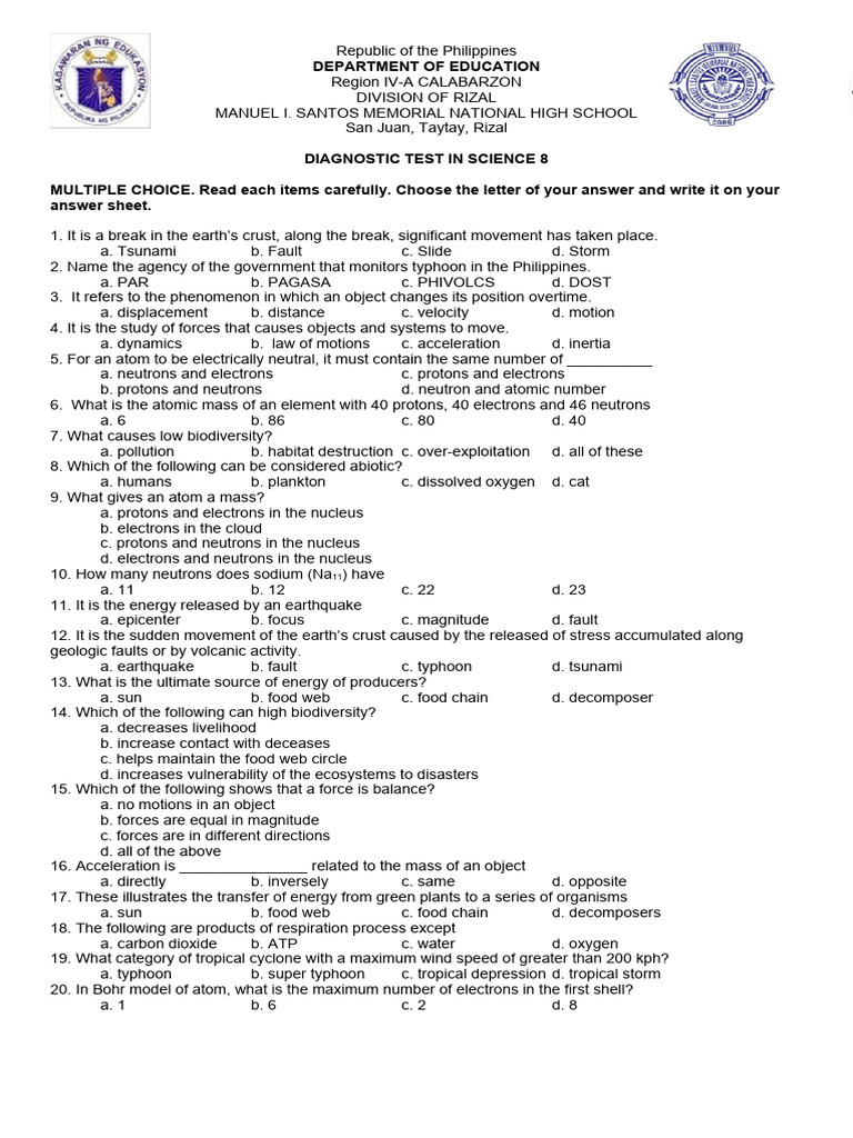 Diagnostic Test G8 Science | PDF | Force | Earthquakes