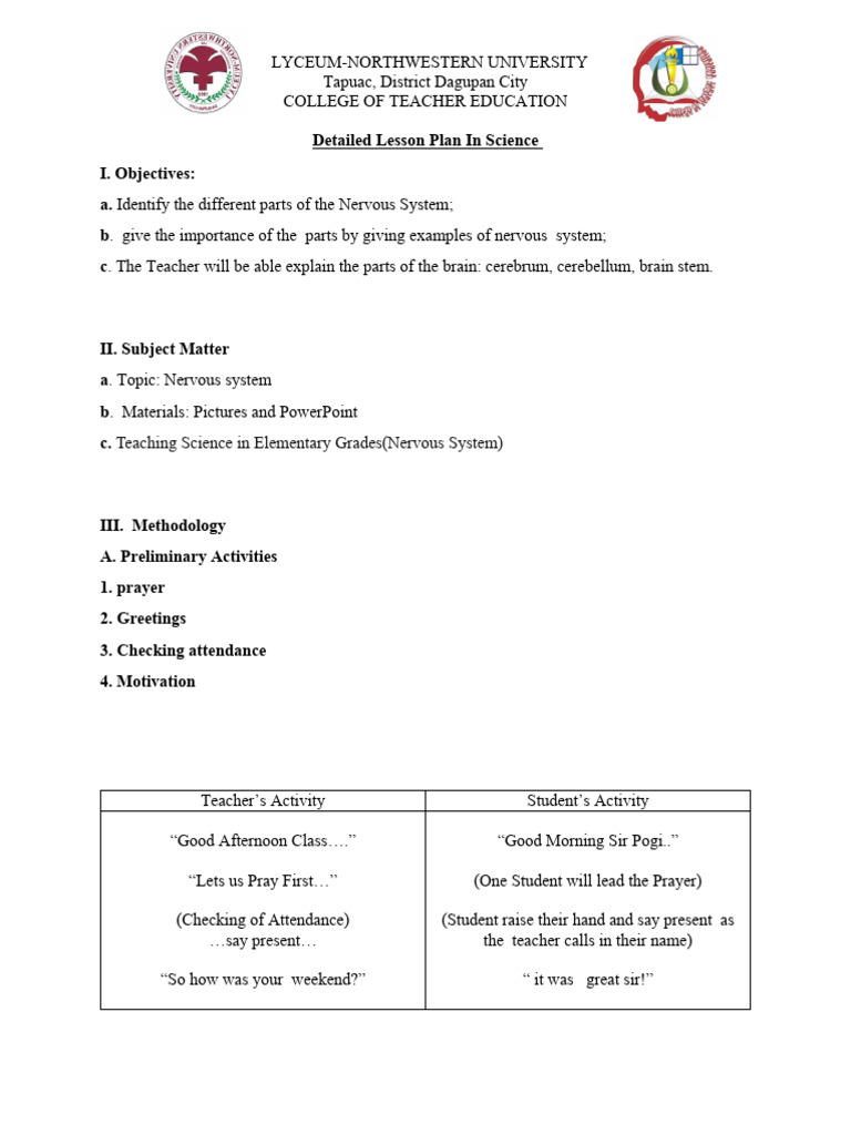 Nervous System Lesson Plan for Teachers | PDF | Central Nervous System ...