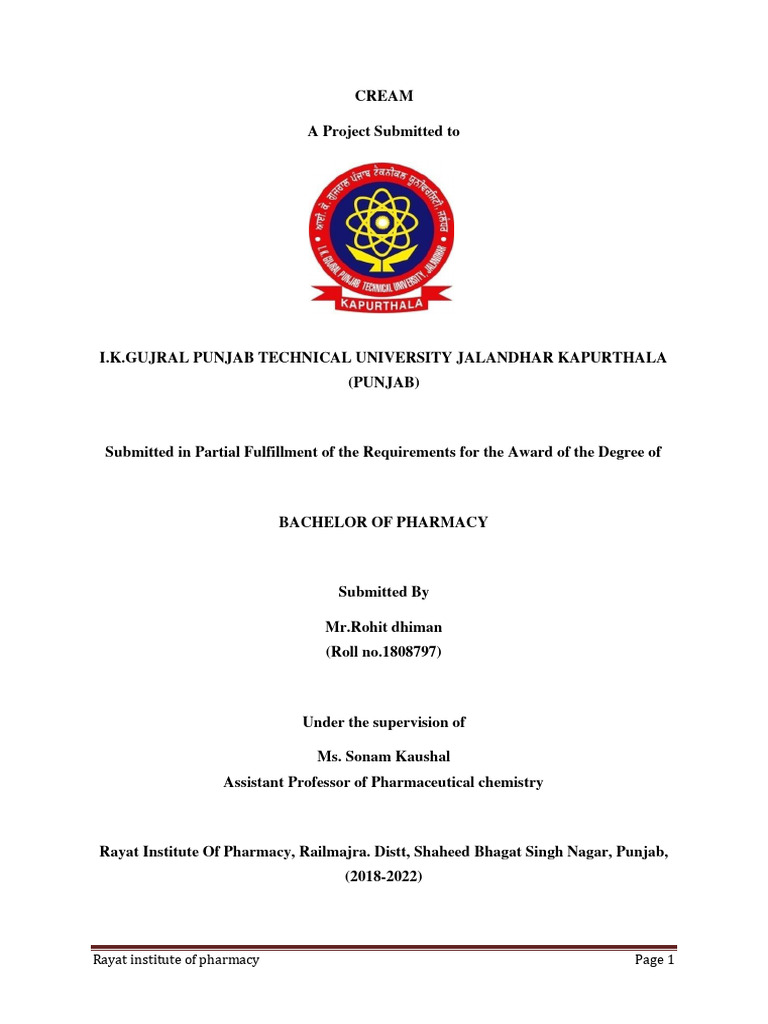 Cream Project for B Pharmacy Students | PDF | Cosmetics | Oil