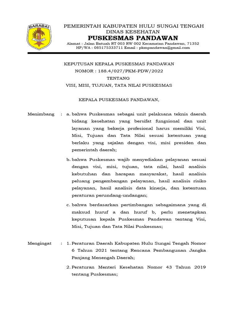 1.1.1 Ep.1 Revisi Visi Misi Tujuan Dan Tata Nilai PK PDW 2022 - 114717 | PDF | Kesehatan Holistik