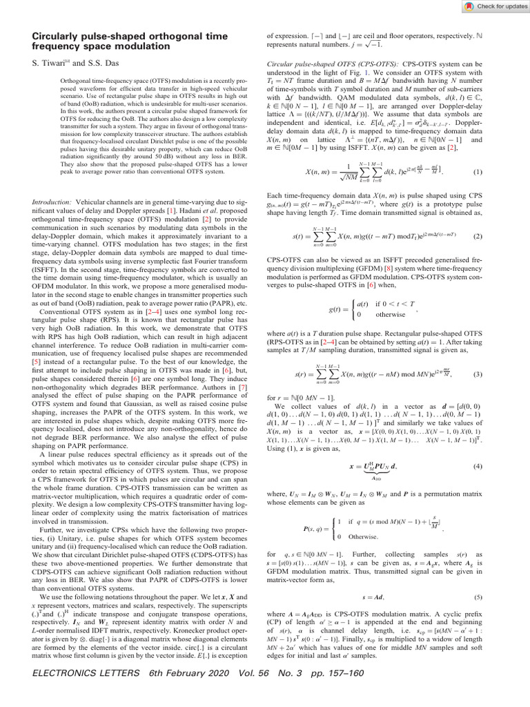 Electronics Letters 2020 Tiwari Circularly Pulse Shaped Orthogonal Time Frequency Space