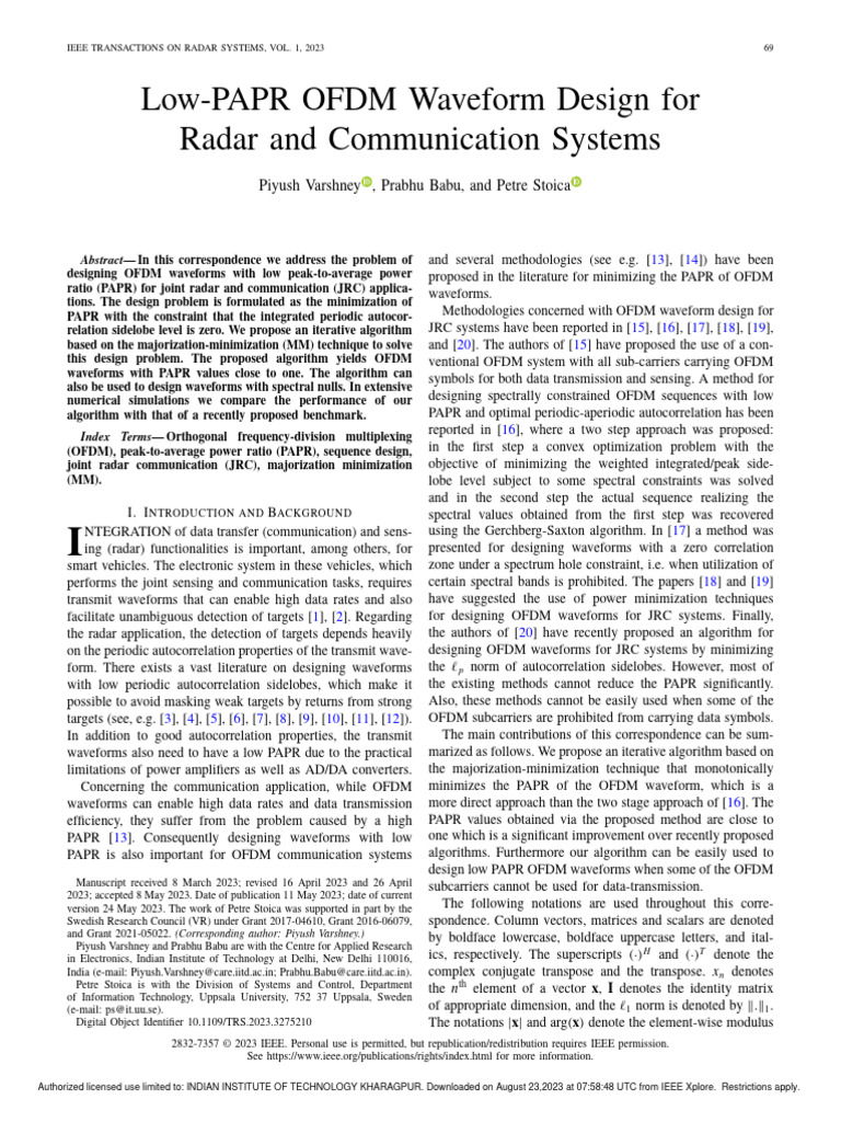 Low Papr Ofdm Waveform Design For Radar And Communication Systems Pdf Orthogonal Frequency 