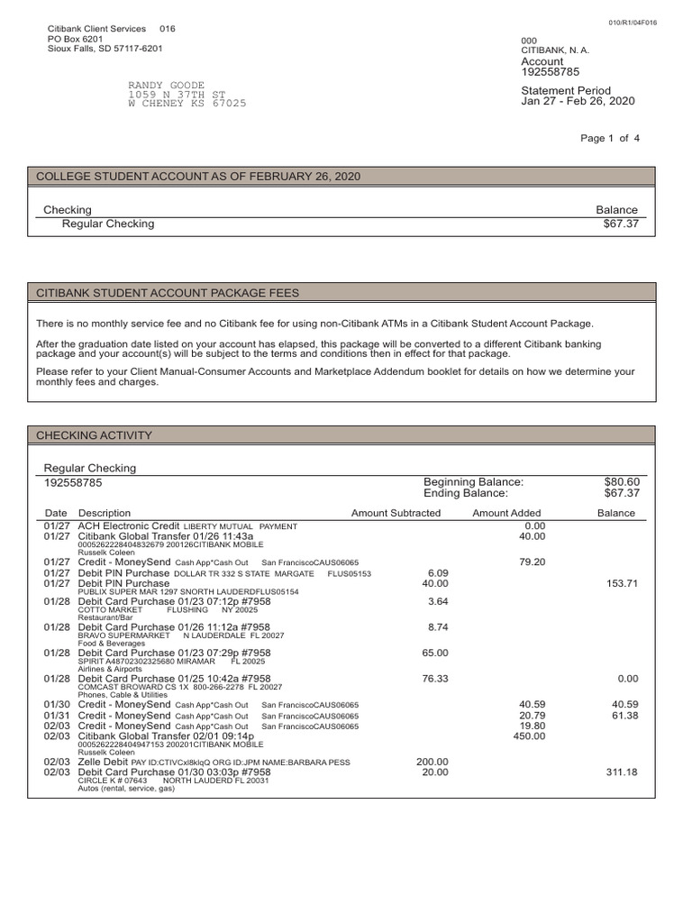Citibank Student Account Statement | PDF | Debit Card | Citibank