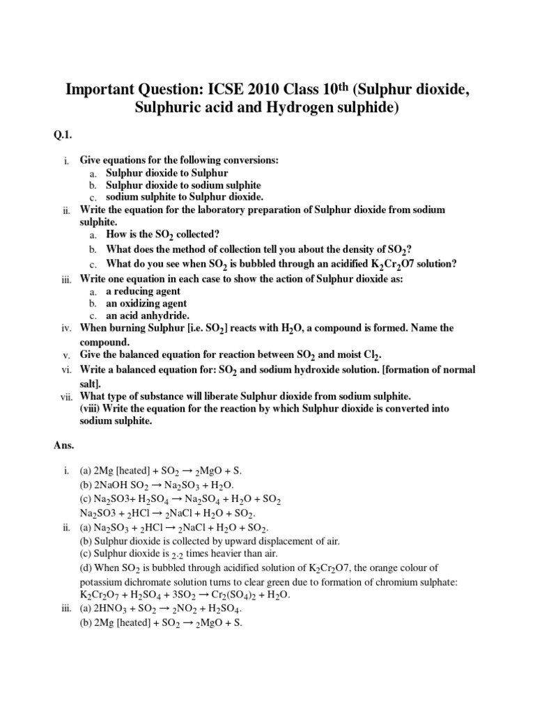Important Question ICSE 2010 Class 10th Sulphur Dioxide Sulphuric Acid ... Important Question ICSE 2010 Class 10th Sulphur Dioxide Sulphuric Acid ...