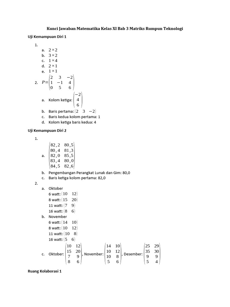 Kunci Matematika - XI - Rumpun Teknologi Bab 3 Matriks Rumpun Teknologi | PDF