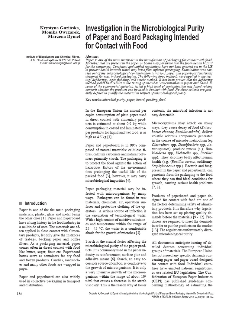 Investigation in The Microbiological Purity of Paper and Board ...