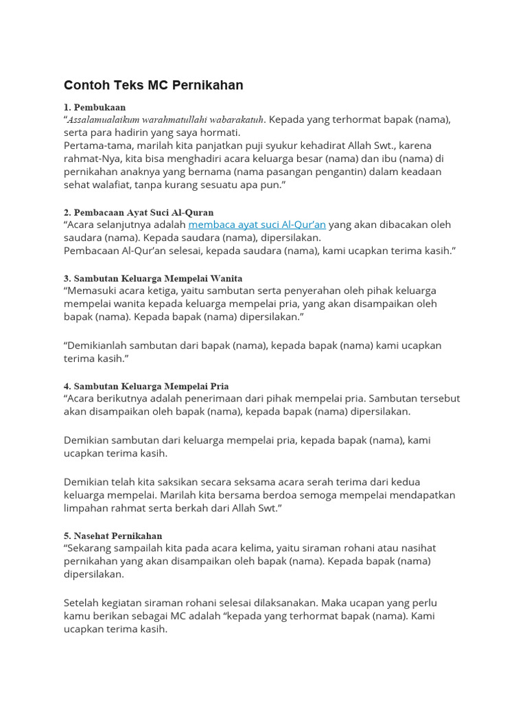 Contoh Teks MC Pernikahan | PDF