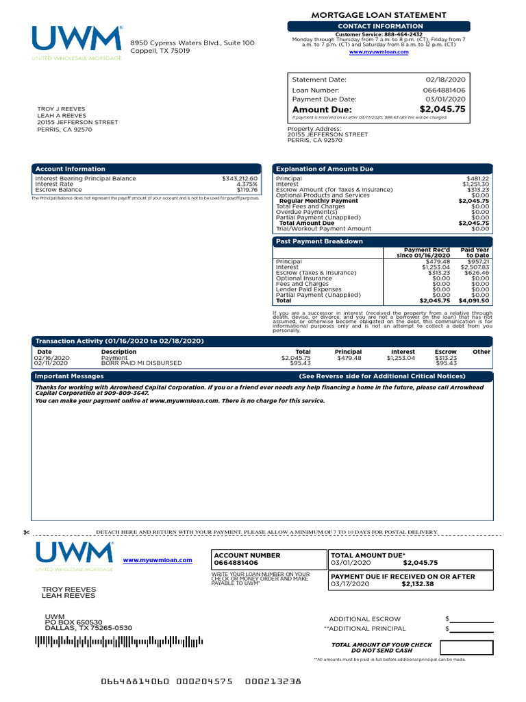 UWM Mortgage Statement Overview | PDF | Cheque | Fee