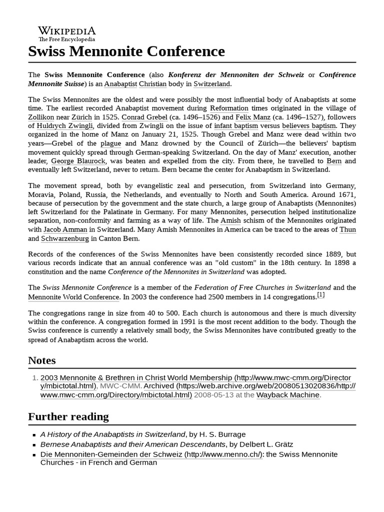 Swiss Mennonite Conference | PDF | Christian Denominational Families ...