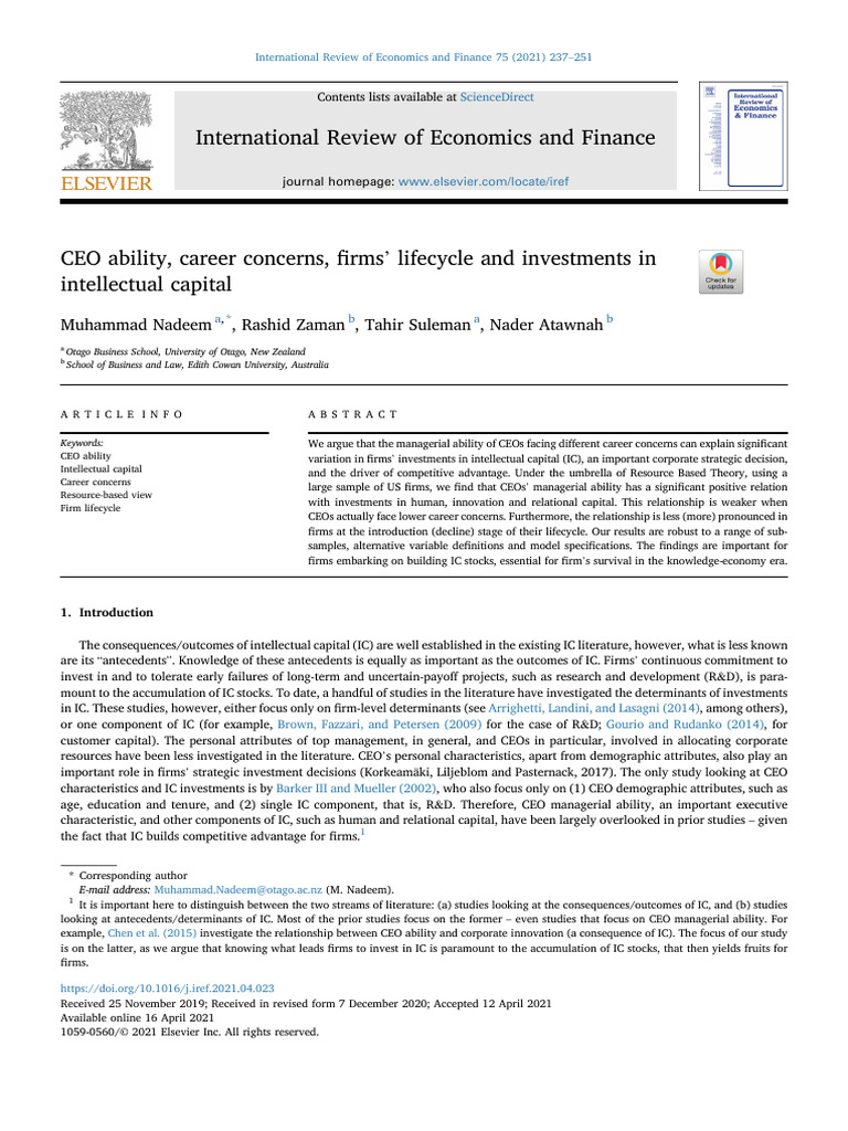 CEO Ability, Career Concerns, Firms' Lifecycle and Investments in | PDF ...