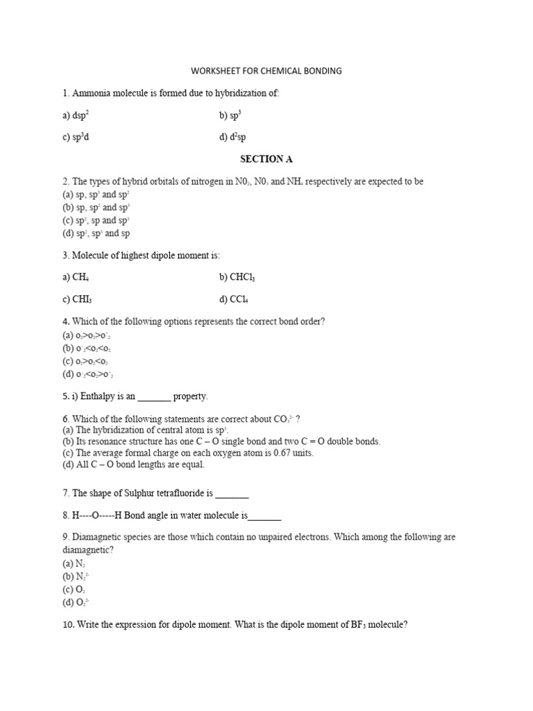 Worksheet For Chemical Bonding | PDF | Chemical Bond | Physics
