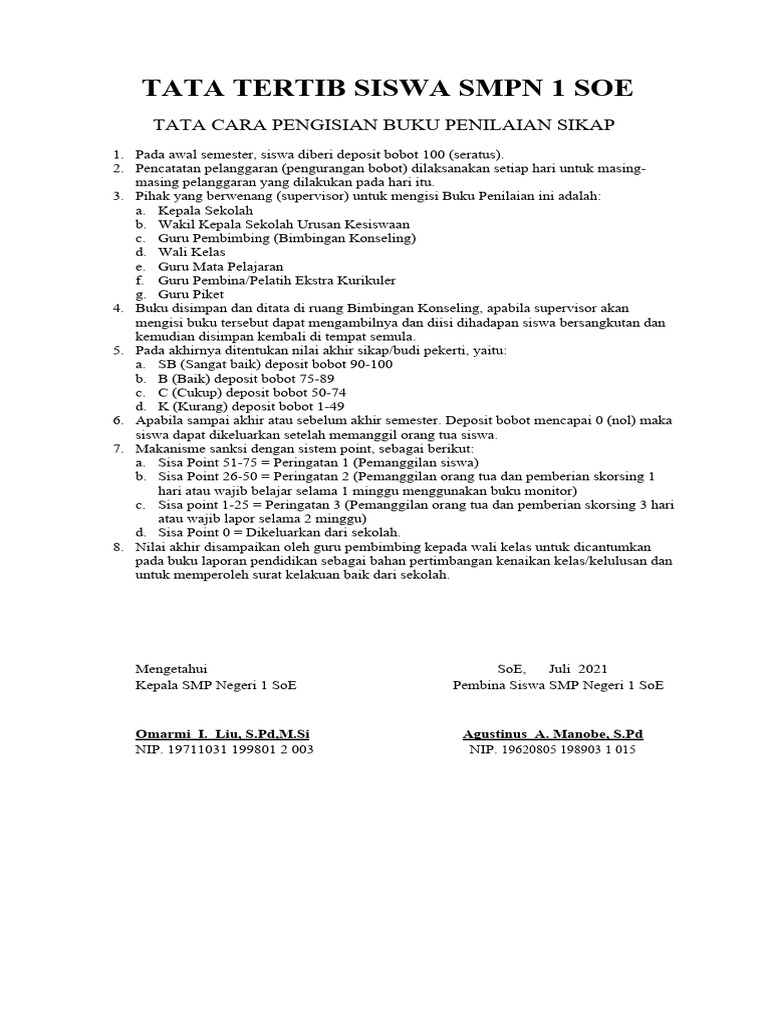 Tata Tertib Siswa SMPN 1 Soe | PDF