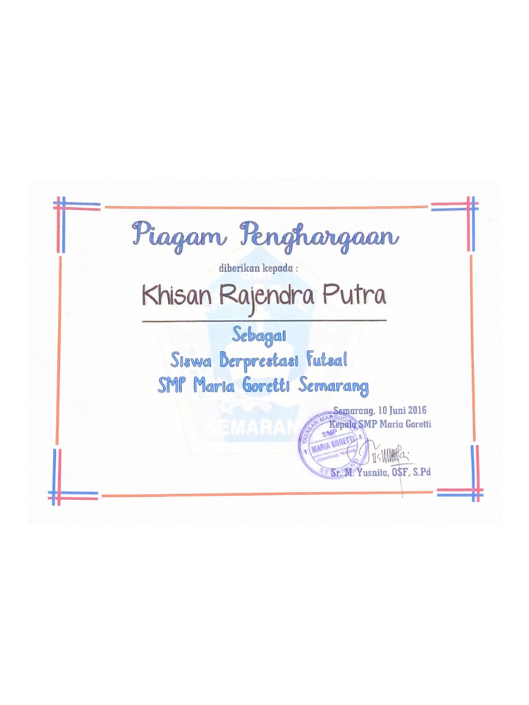 Piagam Penghargaan Siswa - Kishan | PDF