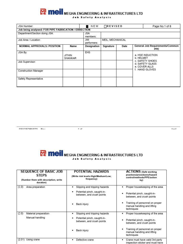 Jsa For Pipe Fabrication Errection | PDF | Crane (Machine) | Personal ... Jsa For Pipe Fabrication Errection | PDF | Crane (Machine) | Personal ...