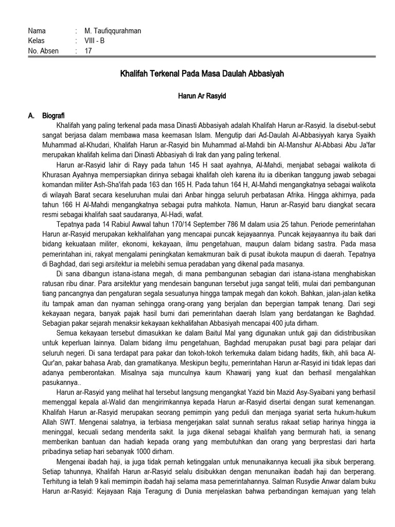 Harun Ar-Rasyid: Khalifah Abbasiyah Terkenal | PDF | Sejarah | Klasik