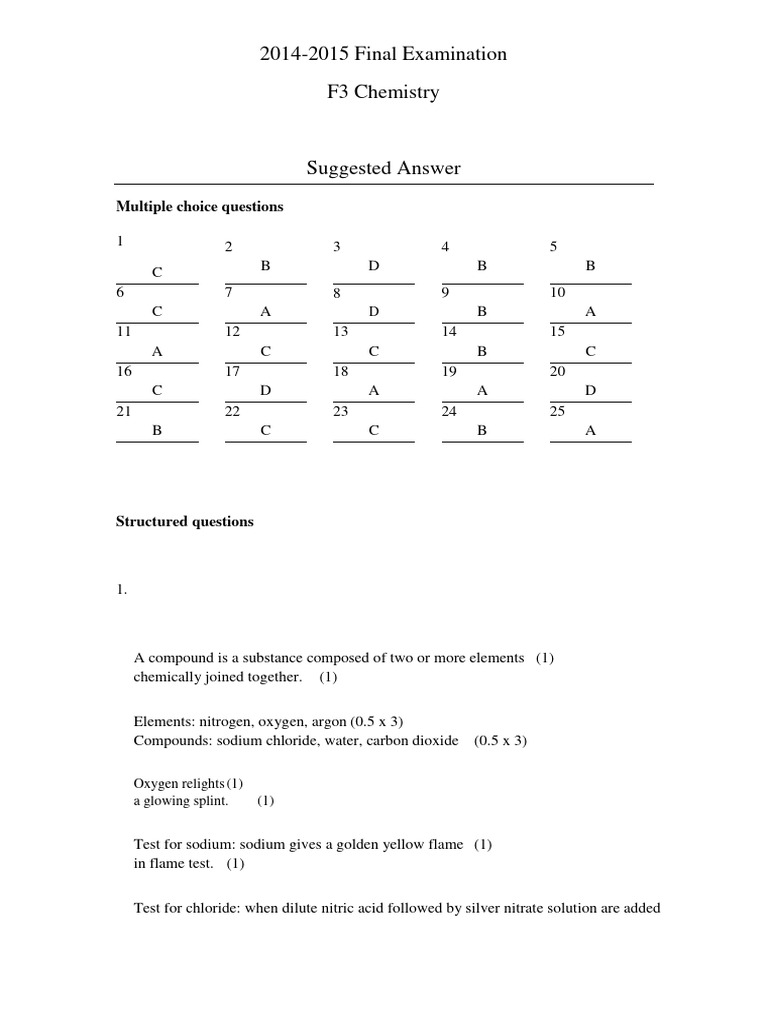 14-15 Final F3 Chemistry ANS | PDF | Nitrogen | Oxygen