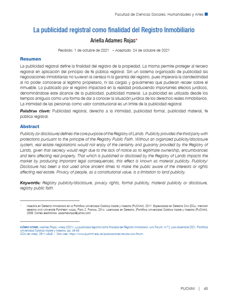 La Publicidad Registral Como Finalidad Del Registro Inmobiliario IF2 | PDF | Propiedad | Bienes ...