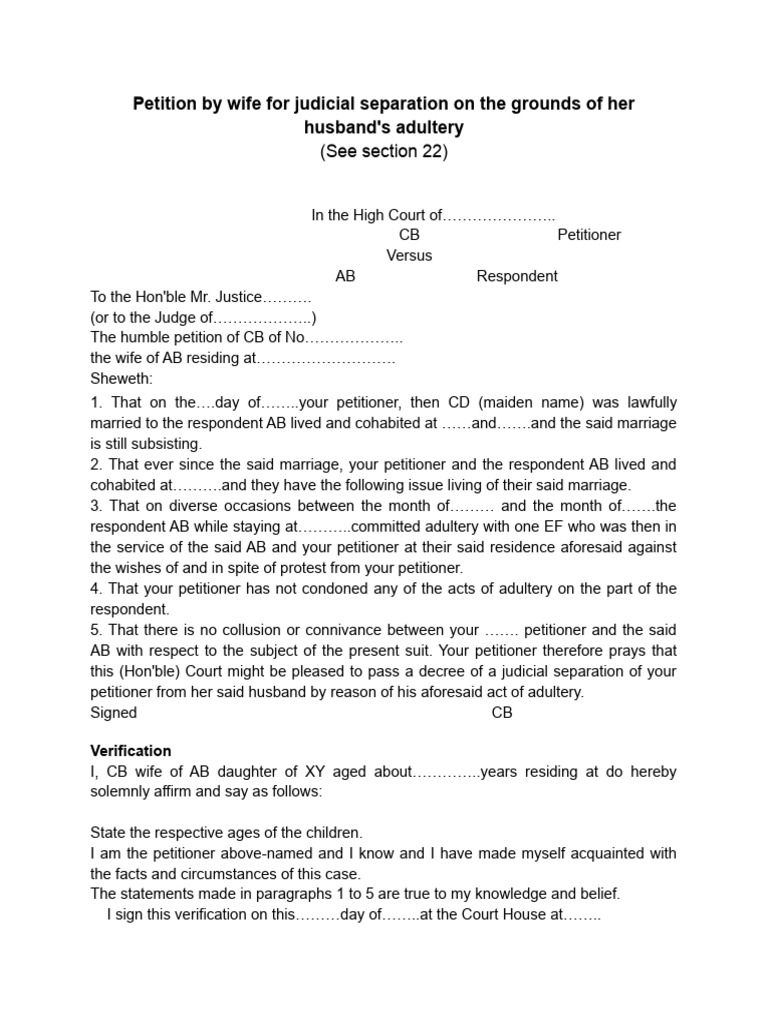 Judicial Separation Petition for Adultery | PDF