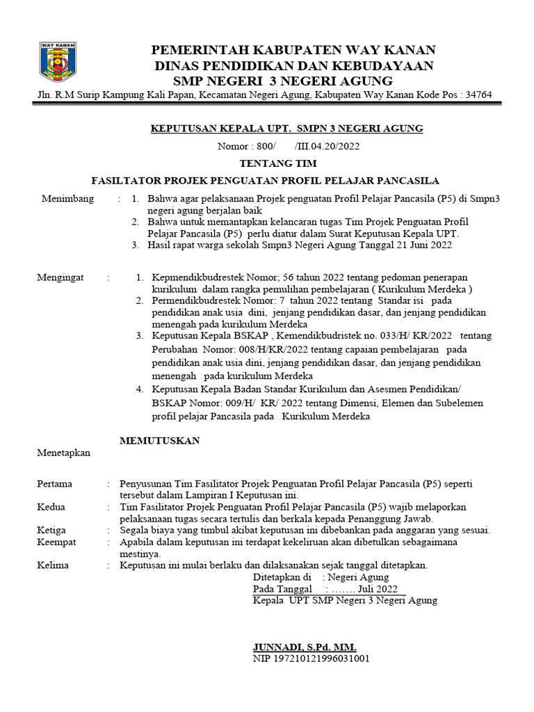 Contoh SK - Tim Fasilitator P5 (SD-SMP) | PDF