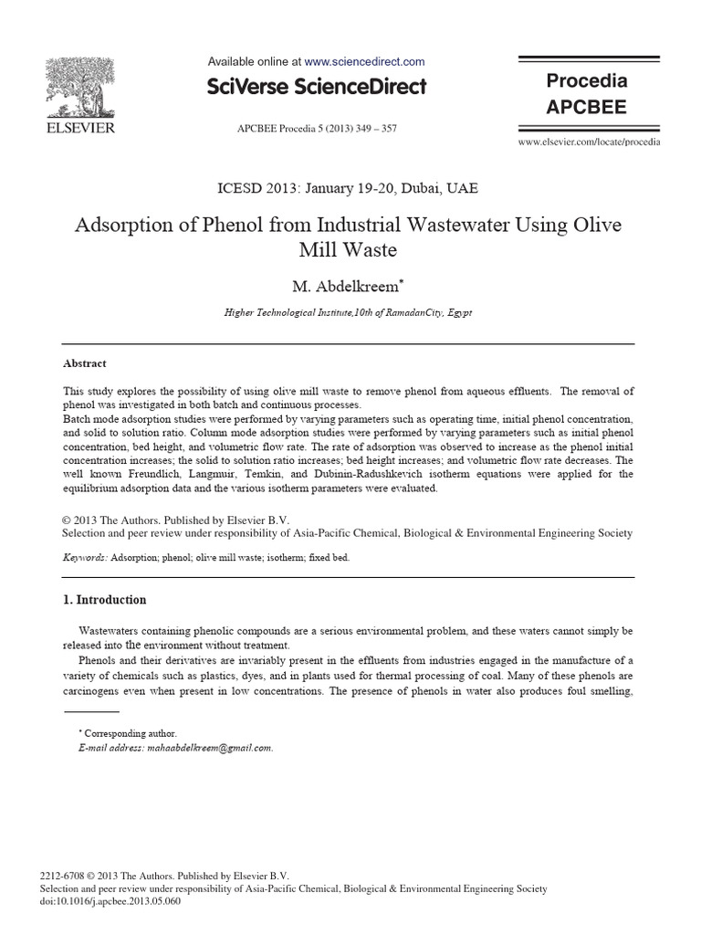 Adsorption of Phenol From Industrial Wastewater Using Olive Mill Waste ...