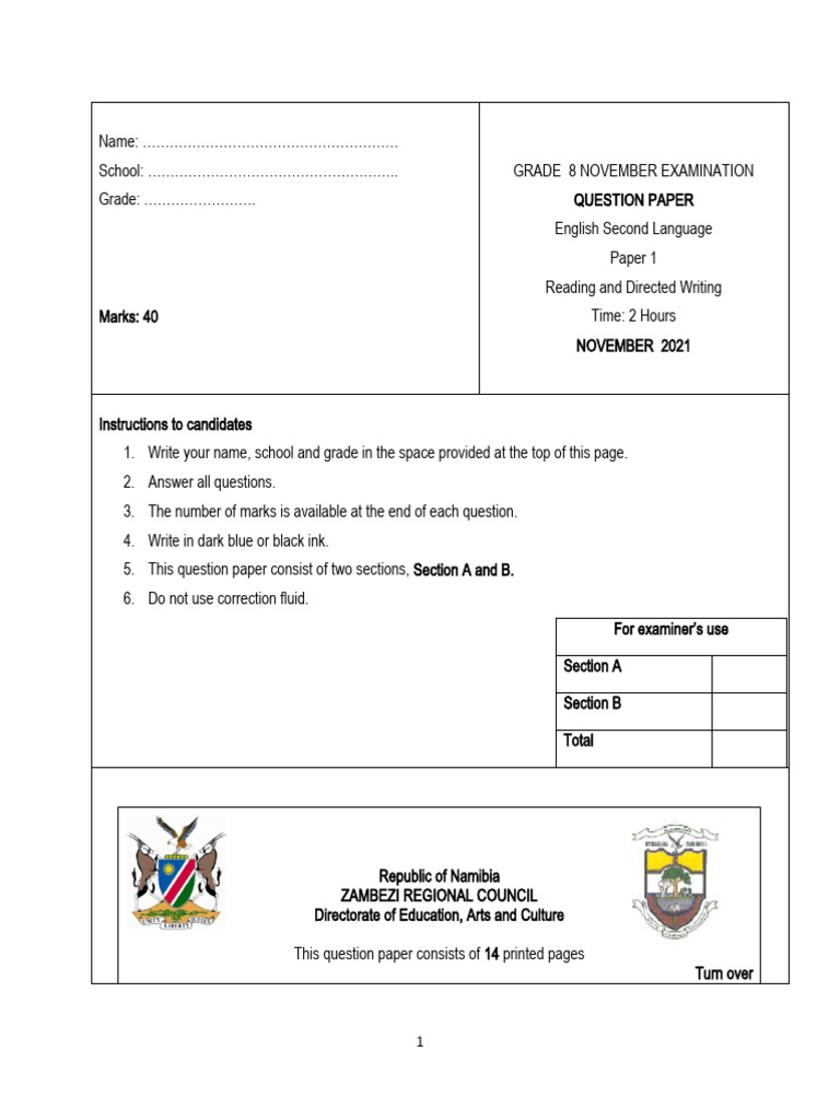 Grade 8 November English Exam Paper | PDF | Poaching | Crime & Violence
