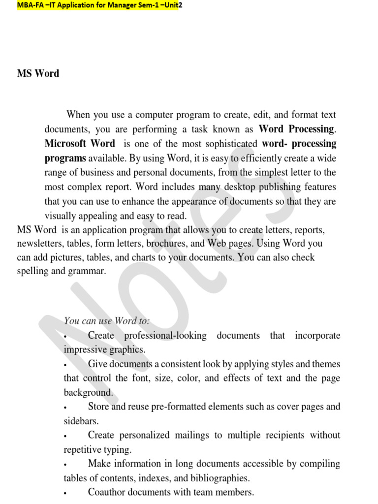 MS WORD Excel Power Point Ms Access Unit 2 | PDF | Microsoft Excel ...