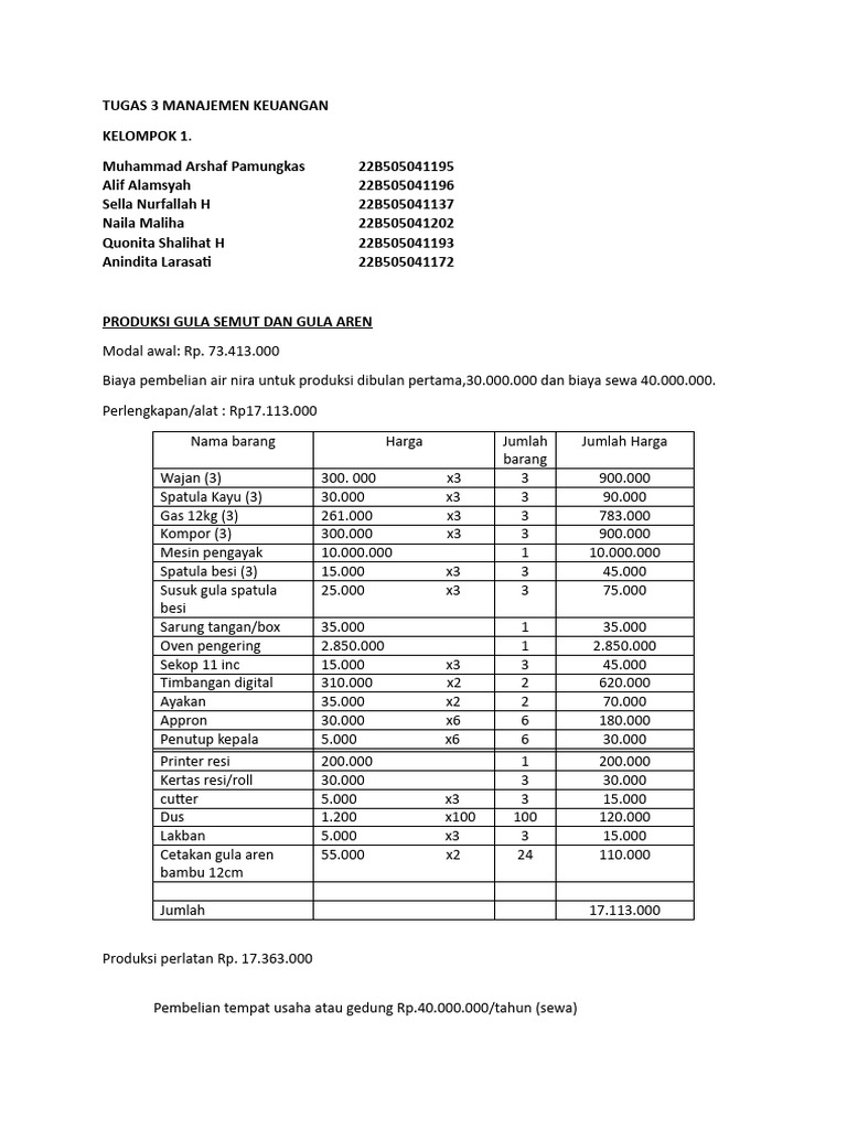 Rincian Biaya Produksi Gula Semut dan Aren | PDF