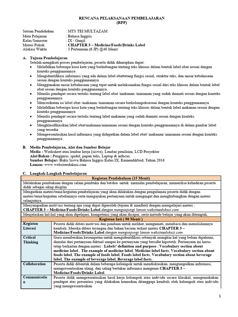 RPP 1 Lembar B.ing Kelas 9 k13 | PDF | Karier & Perkembangan