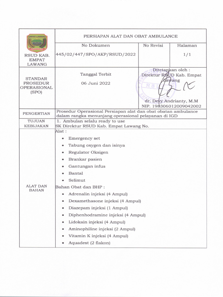 Spo Persiapan Alat Dan Obat Ambulance | PDF