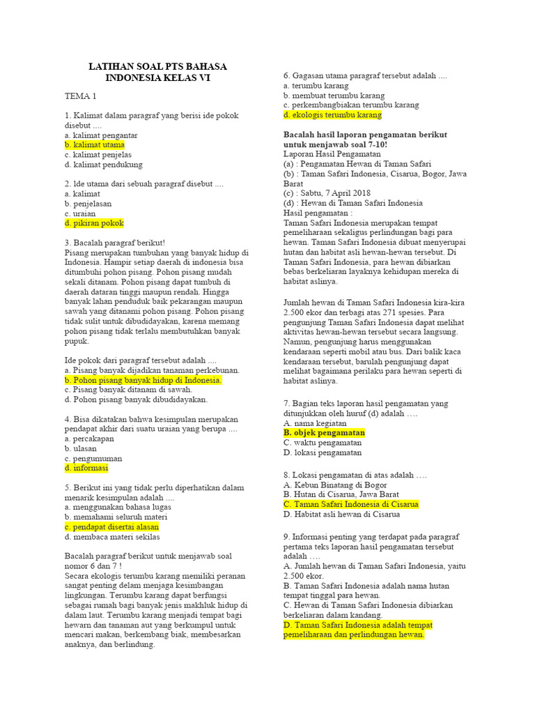 LATIHAN SOAL PTS BAHASA INDONESIA KELAS VI Baru | PDF