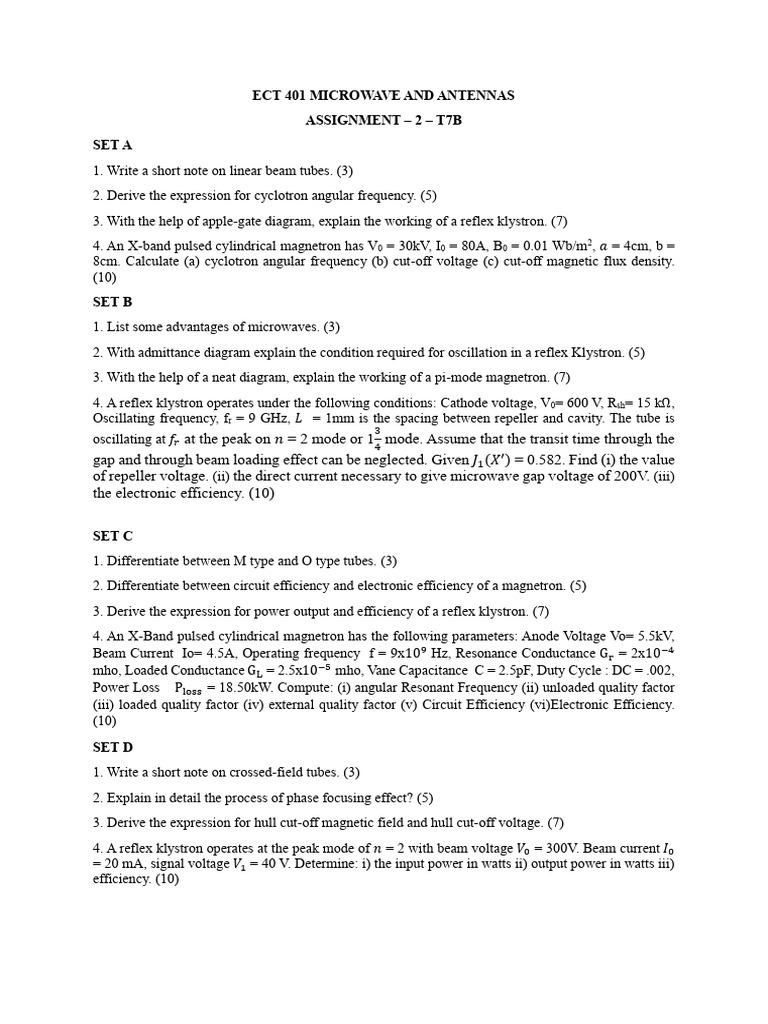 ECT 401 MICROWAVE AND ANTENNAS - Assignment - 2 | PDF | Vacuum Tube | Microwave