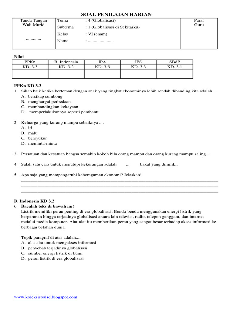 Soal Penilaian Harian Kelas 6 Tema 4 Subtema 1 | PDF