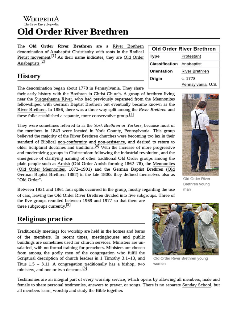 Old Order River Brethren Overview | PDF | Christian Organizations ...