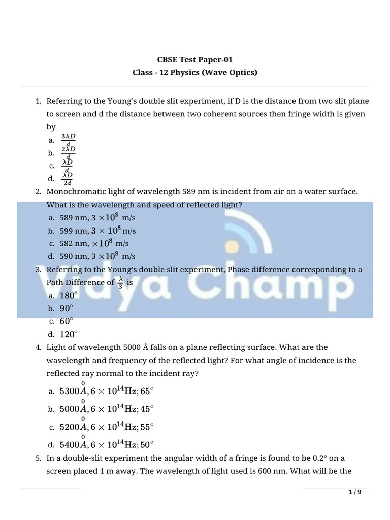 CBSE Test Paper-01 Class - 12 Physics (Wave Optics) | PDF | Wavelength ...
