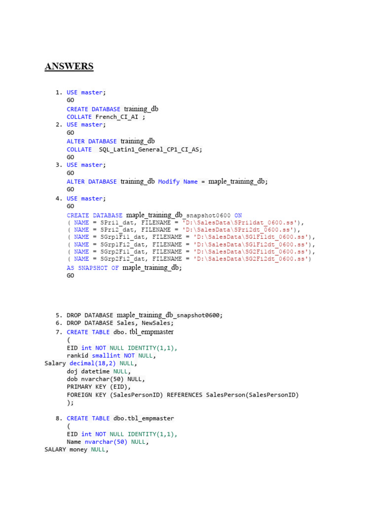SQL Training Data Answers | PDF