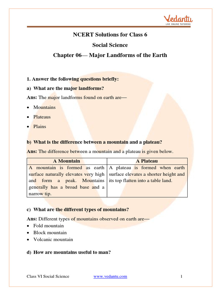 Major Landforms of the Earth: Class 6 Guide | PDF | Mountains | Plateau