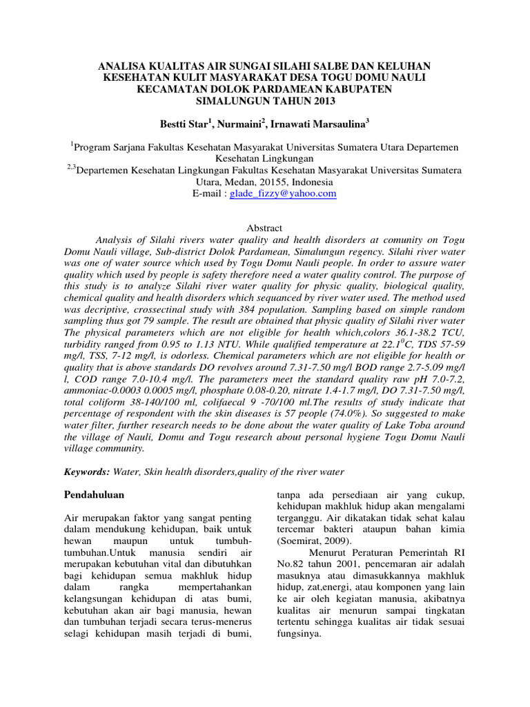 ID Analisa Kualitas Air Sungai Silahi Salbe Dan Keluhan Kesehatan Kulit Masyarakat | PDF ...