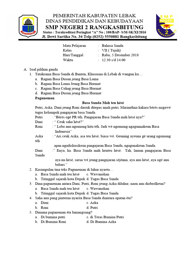 Soal B. Sunda KLS 7 Ganjil 1819 | PDF