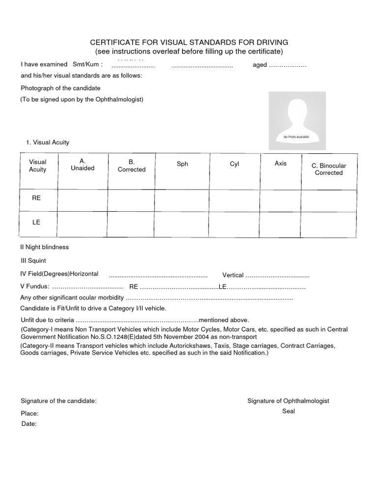 Certificate For Visual Standards For Driving (See Instructions Overleaf ...