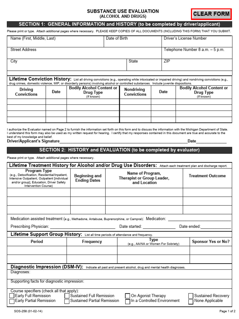 SOS258 Substance Use Evaluation Form 404465 7 | PDF | Substance Abuse | Substance Use Disorder